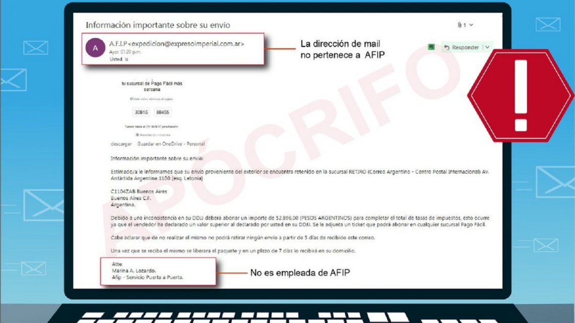 Alerta por un mail trucho de la AFIP que exige un pago por un envío ...